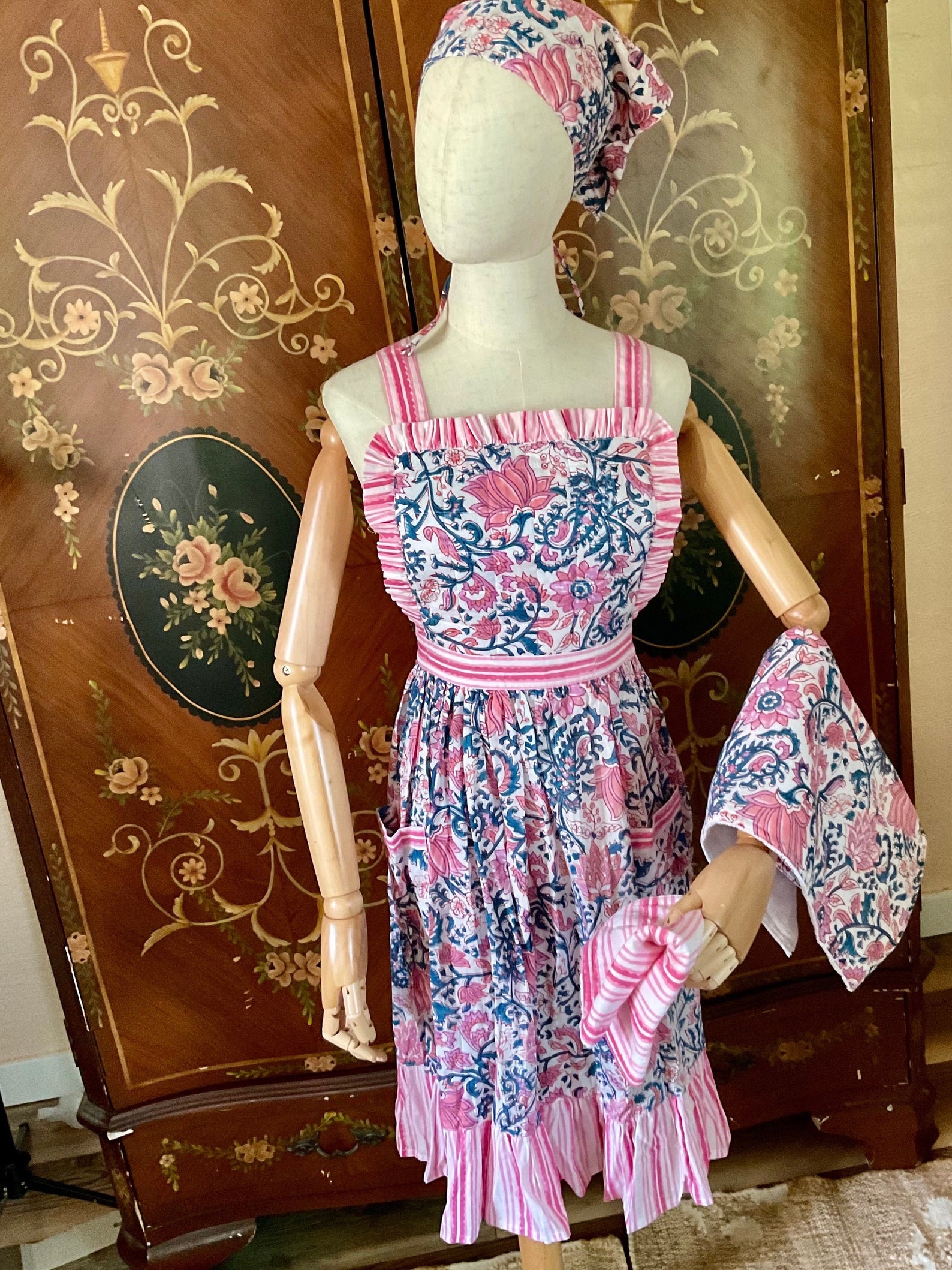 4pc Quilted Block-print Apron With Matching Bandana and Towel Set - Etsy