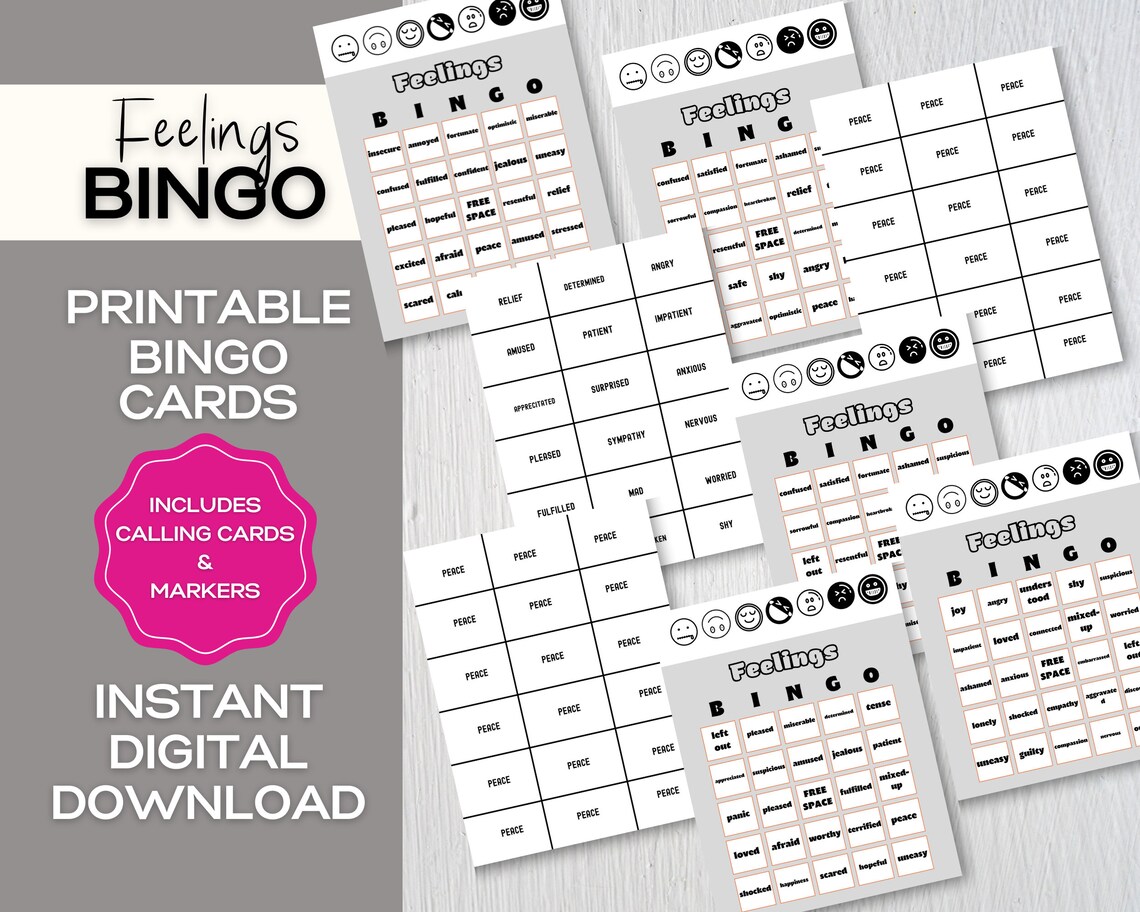FEELINGS Bingo Cards for Kids, Feelings Games for Kids, Mental Health ...