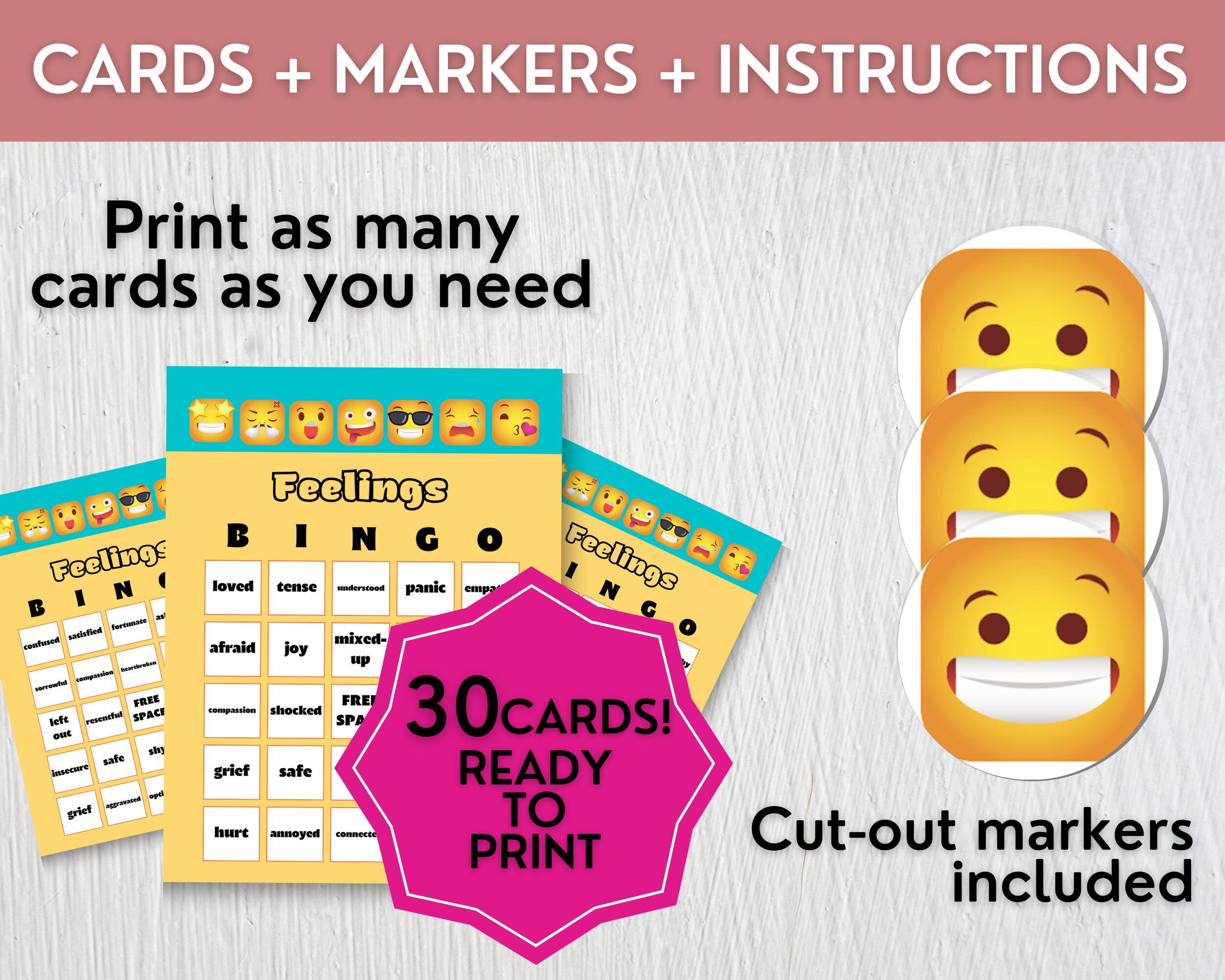 FEELINGS Bingo Cards for Kids (color), Feelings Games for Kids, Mental ...