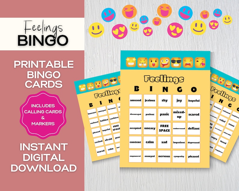 FEELINGS Bingo Cards for Kids (color), Feelings Games for Kids, Mental ...