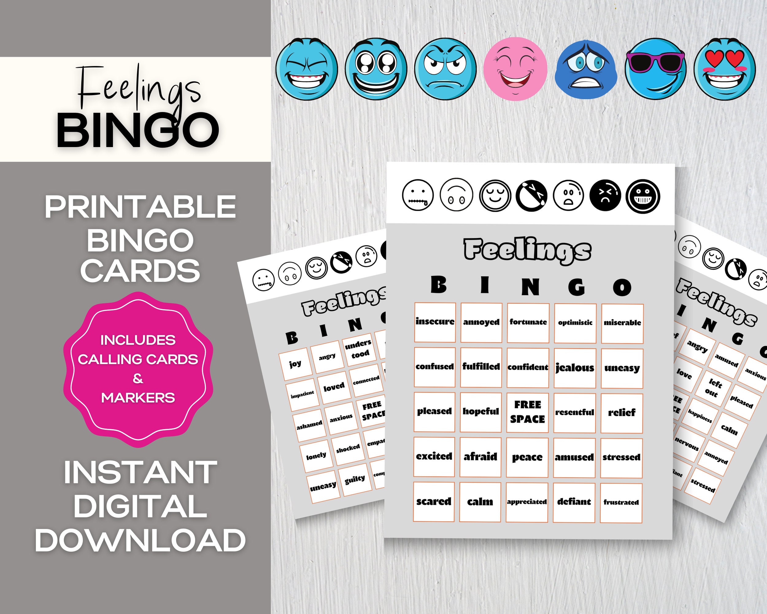 FEELINGS Bingo Cards for Kids, Feelings Games for Kids, Mental Health ...
