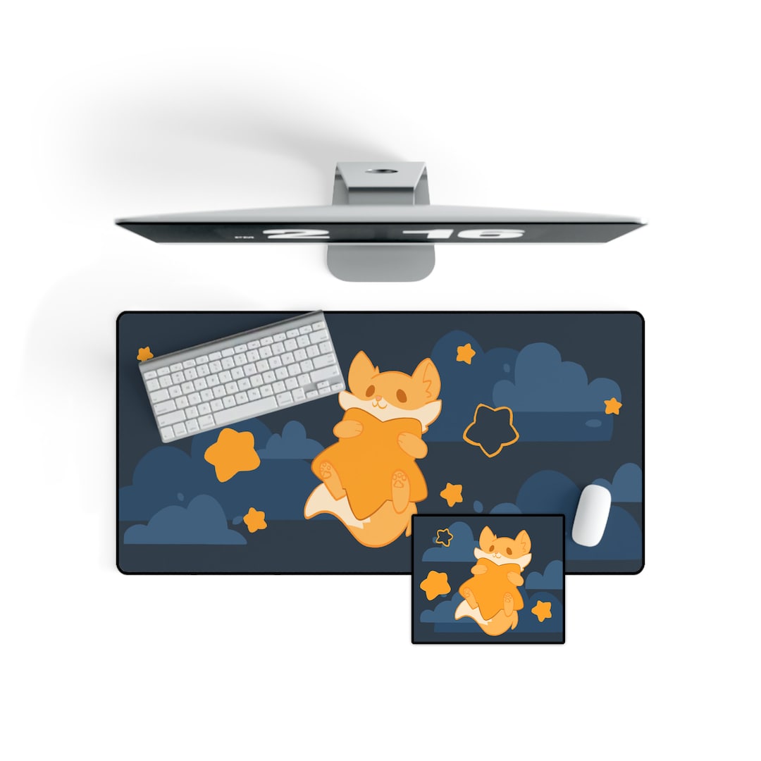 Kawaii Fox and Stars Desk Mat | Sewn Edge Gaming Desk Mat - Etsy