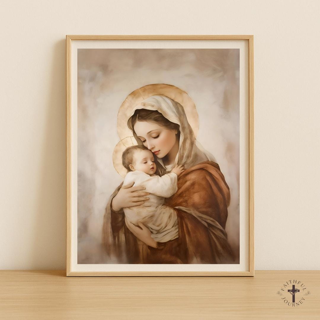 Blessed Virgin Mary Art Print, Virgin Mary and Baby Jesus, Nativity ...
