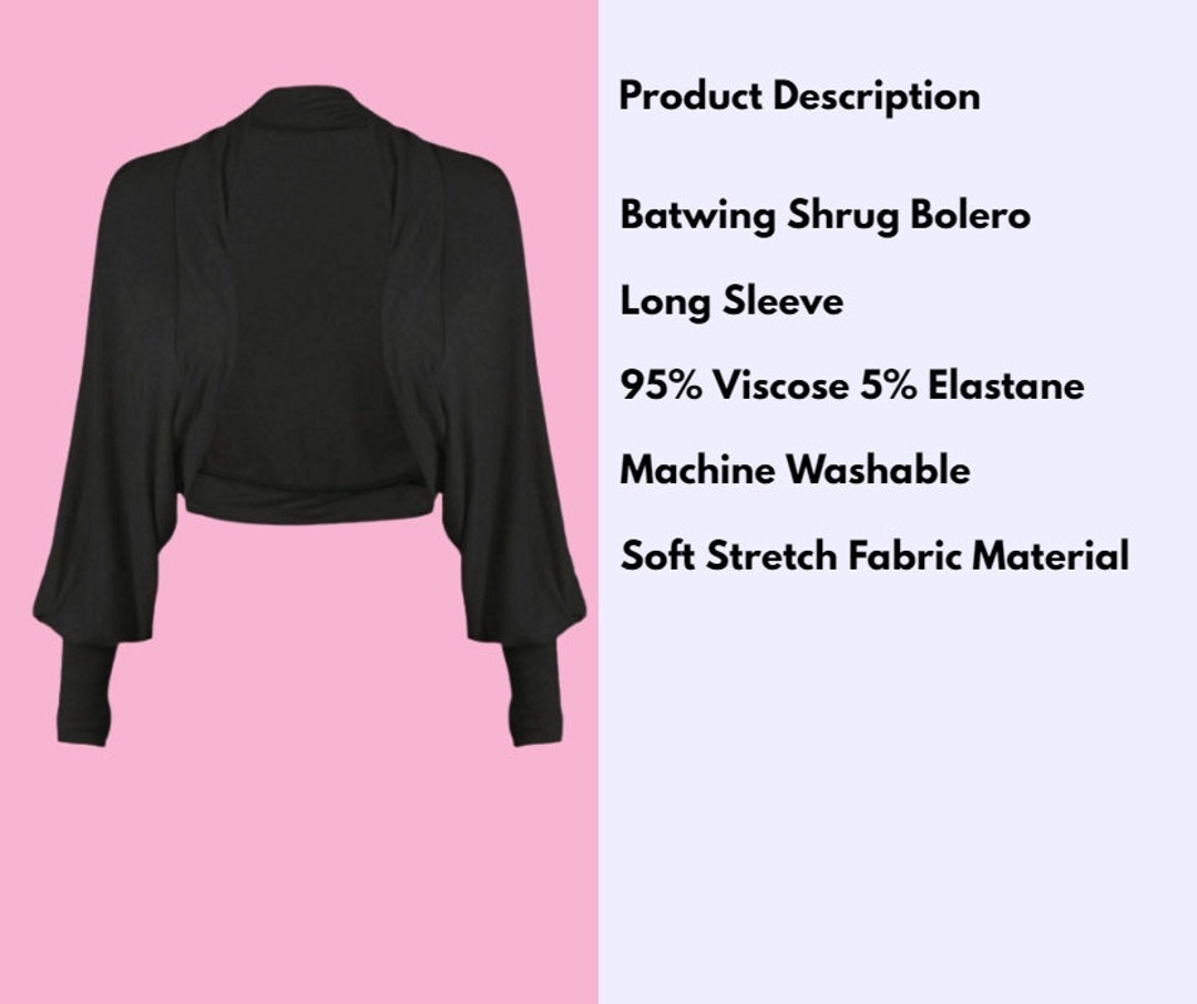 Ladies Plain Bolero Shrug Women's Batwing Cuffed Shrug Top Plus Size ...