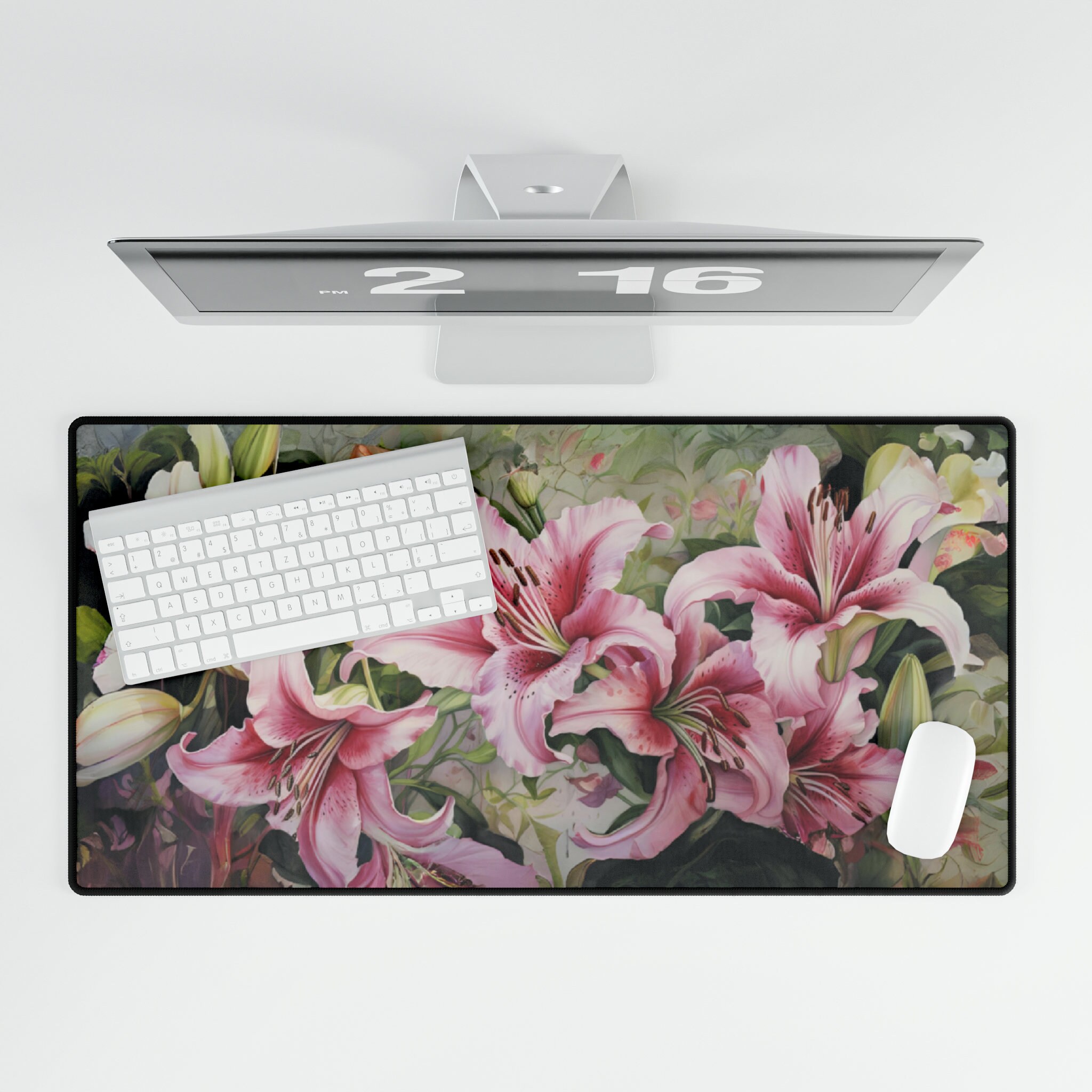 Exquisite Watercolor Pink Lilies Floral Desk Mat Extended Keyboard ...