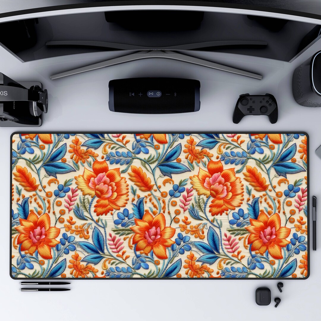 Cottagecore Floral Wildflower Embroidery Effect Desk Mat Extended ...