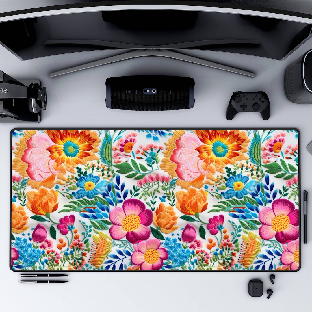 Cottagecore Embroidery Effect Floral Desk Mat Extended Keyboard ...