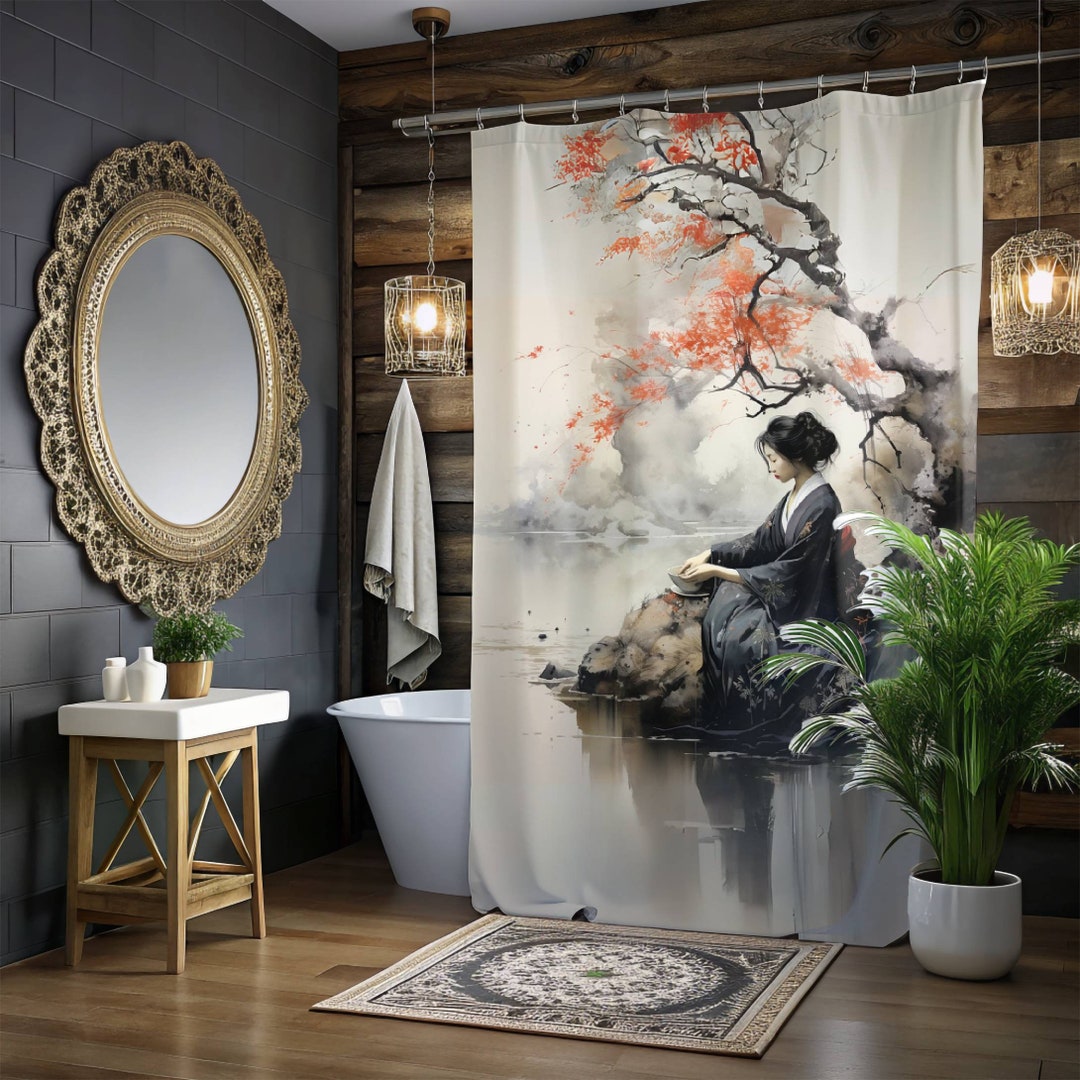 Japanese Zen Garden Moody Black Botanical Shower Curtain Dark Academia ...