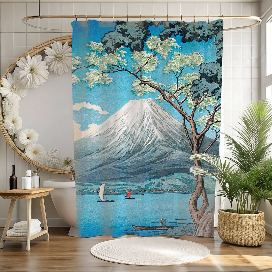 Retro Oriental Mount Fuji Ukiyo Style Shower Curtain, Oriental ...