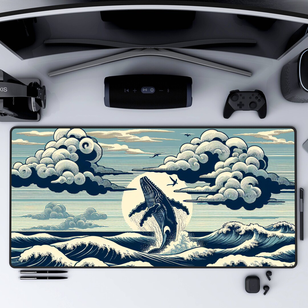 Japanese Ukiyo-e Style Whale Waves Desk Mat Extended Keyboard Mousepad ...