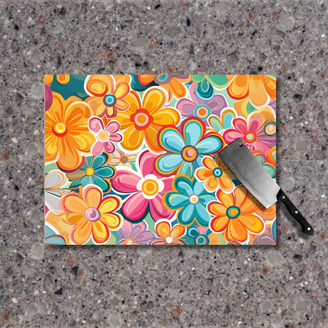 Cottagecore Funky Groovy Boho Floral Glass Cutting Board Wedding Gift ...