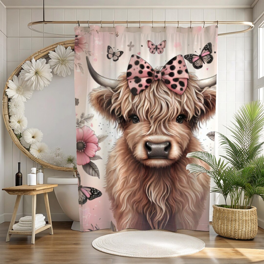 Cottagecore Highland Cow Pink Floral Elegant Shower Curtain Boho ...