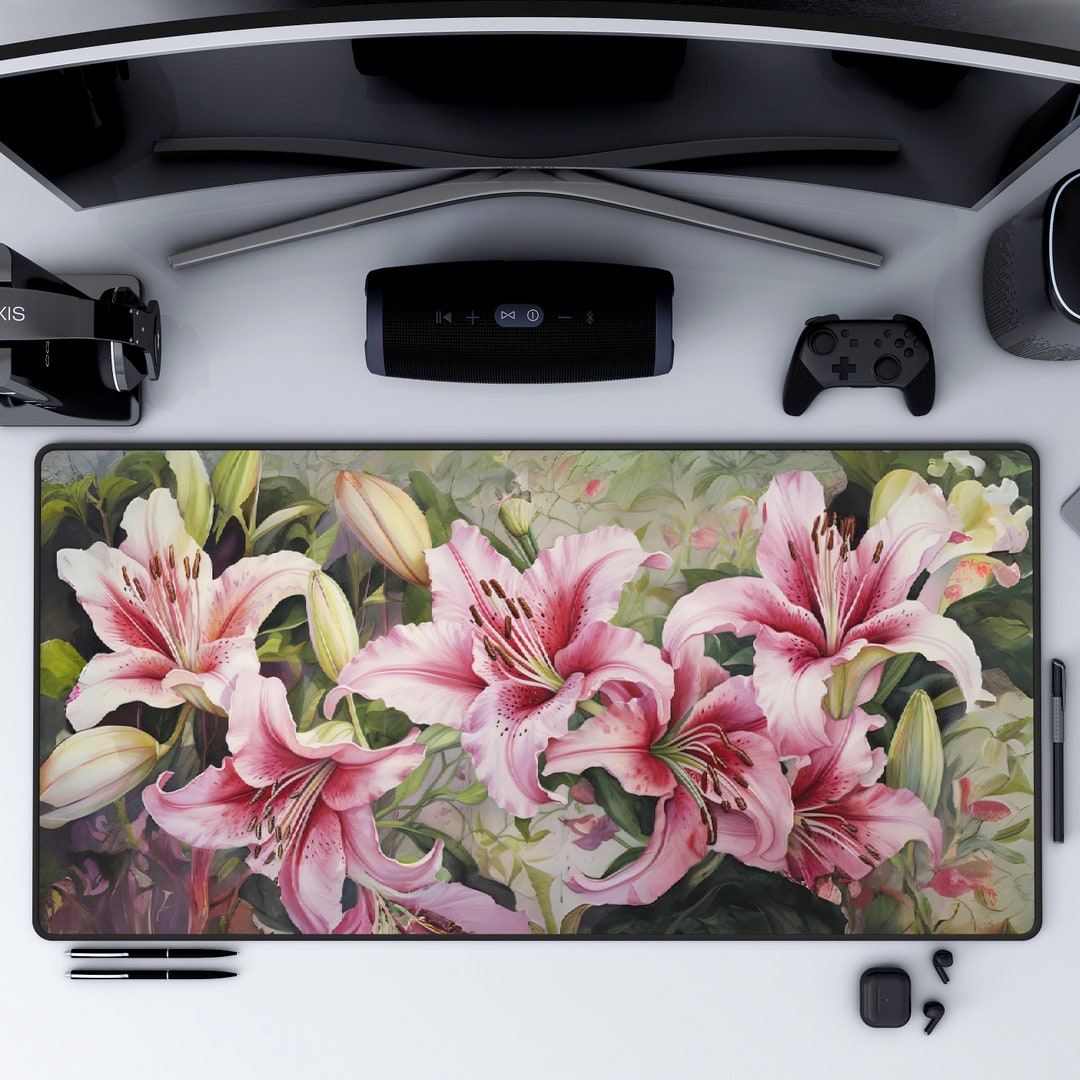 Exquisite Watercolor Pink Lilies Floral Desk Mat Extended Keyboard ...