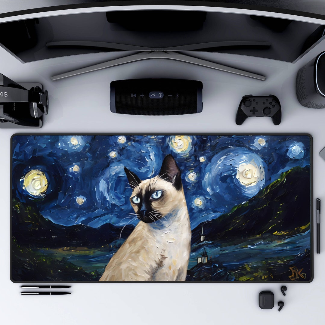 Van Gogh Starry Night Siamese Cat Desk Mat Extended Keyboard Mousepad ...