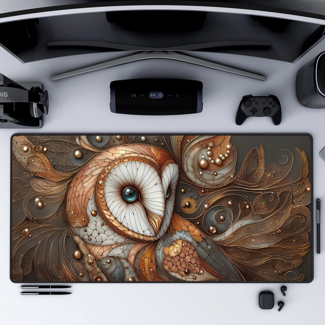 Beautiful Cottagecore Faux Stained Glass Owl Desk Mat Gaming Mat Flower ...