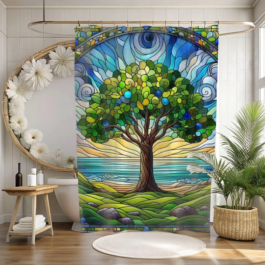 Cottagecore Stained Glass Tree of Life Luxury Shower Curtain Bath Decor ...