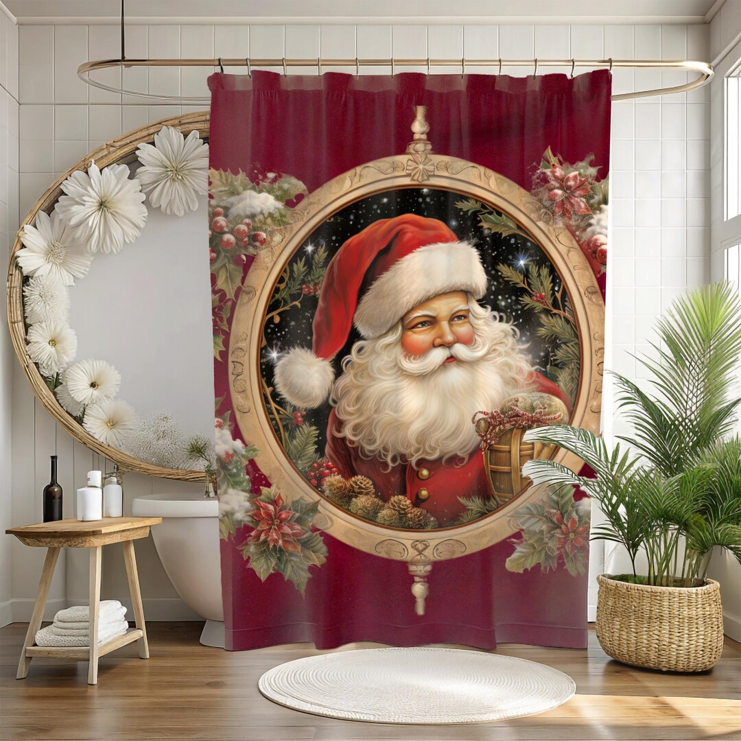 Art Nouveau Burgundy Vintage Santa Shower Curtain Elegant Holiday ...