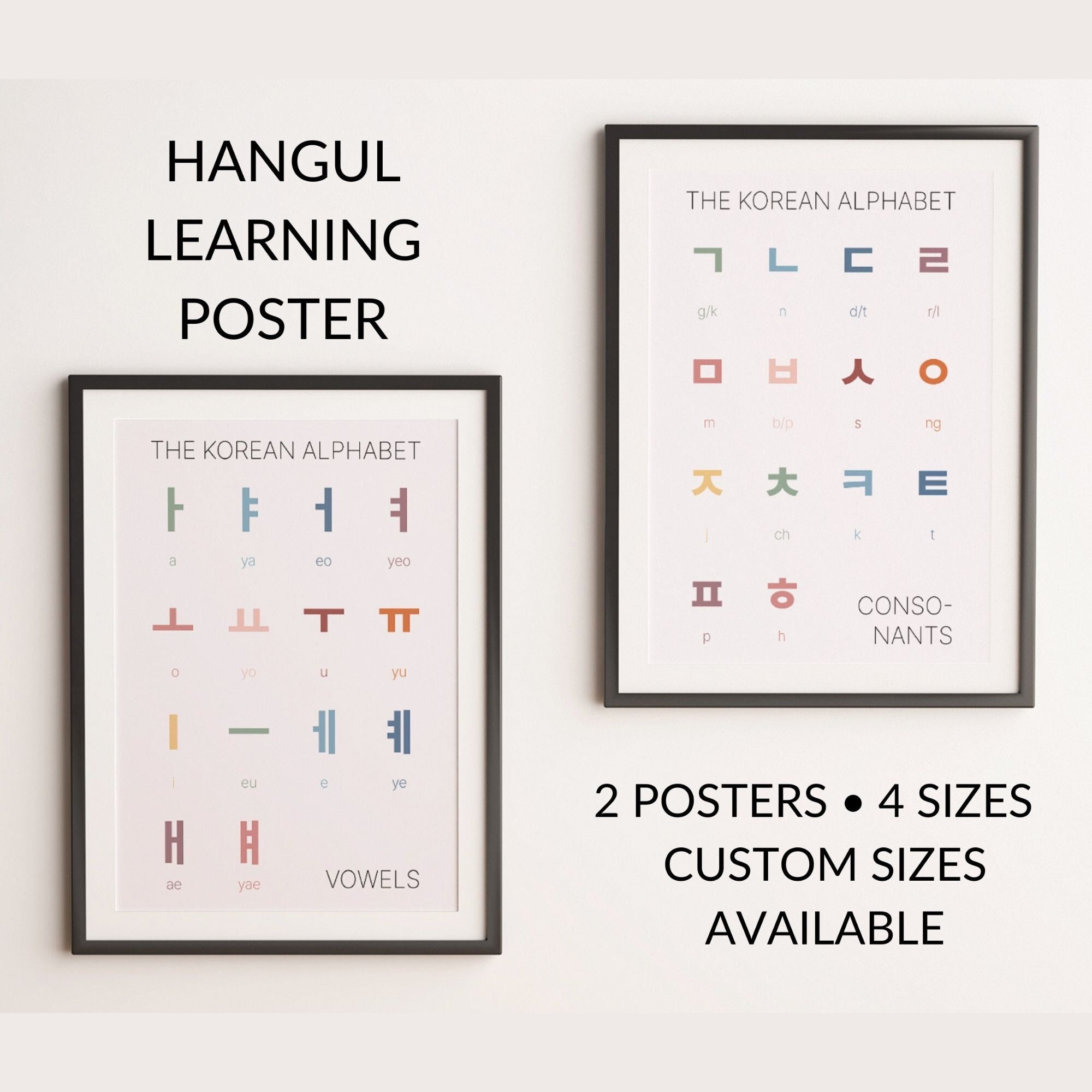 Korean Alphabet Hangul Learning Poster, Consonants and Vowels ...