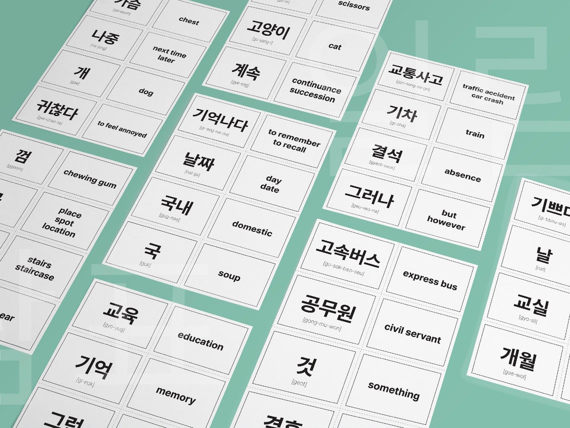 Korean Language Flashcards for TOPIK 1 Test, Printable Flashcards ...