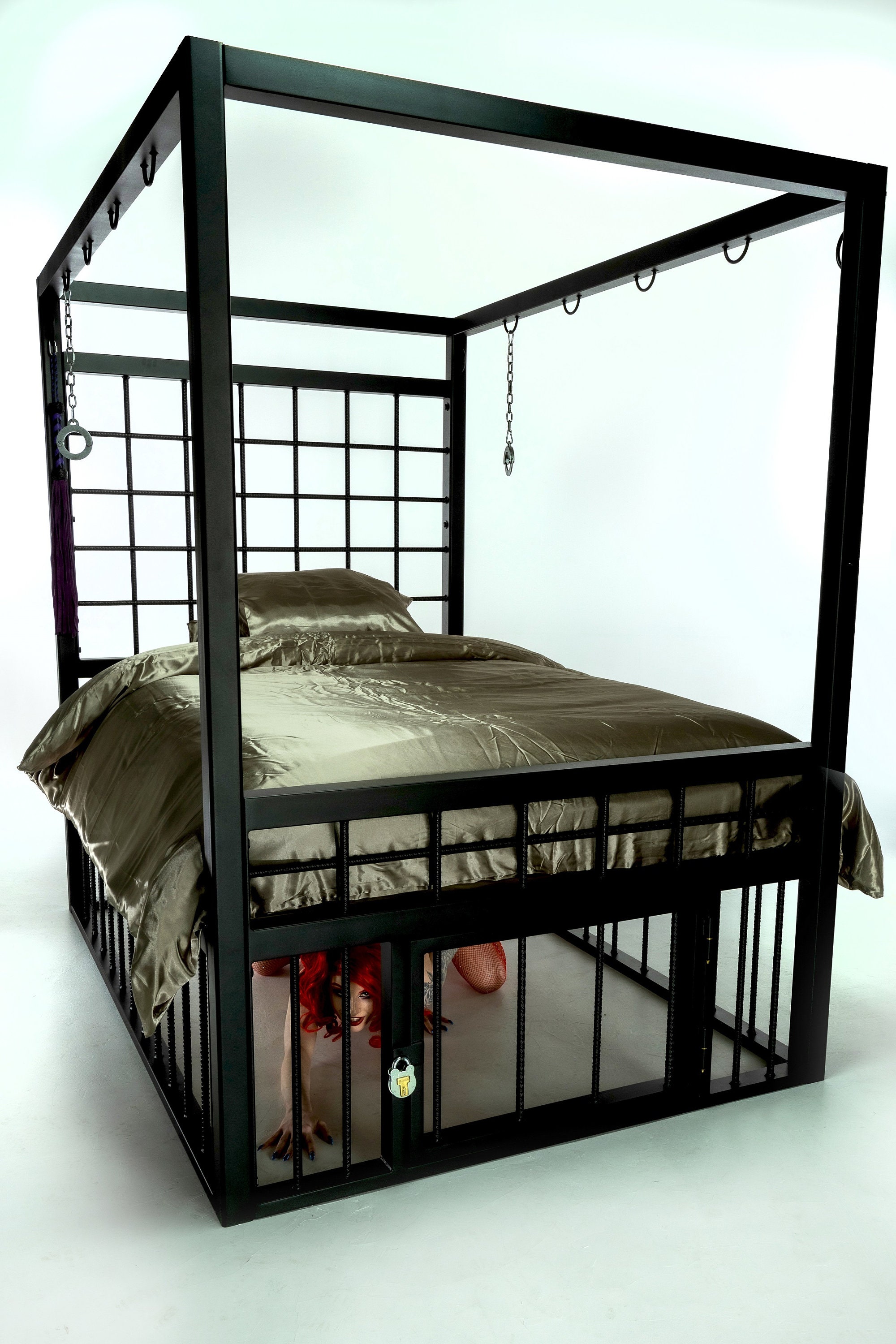 Four Poster BDSM Bondage Dungeon Bed With Cage and Optional Removable ...