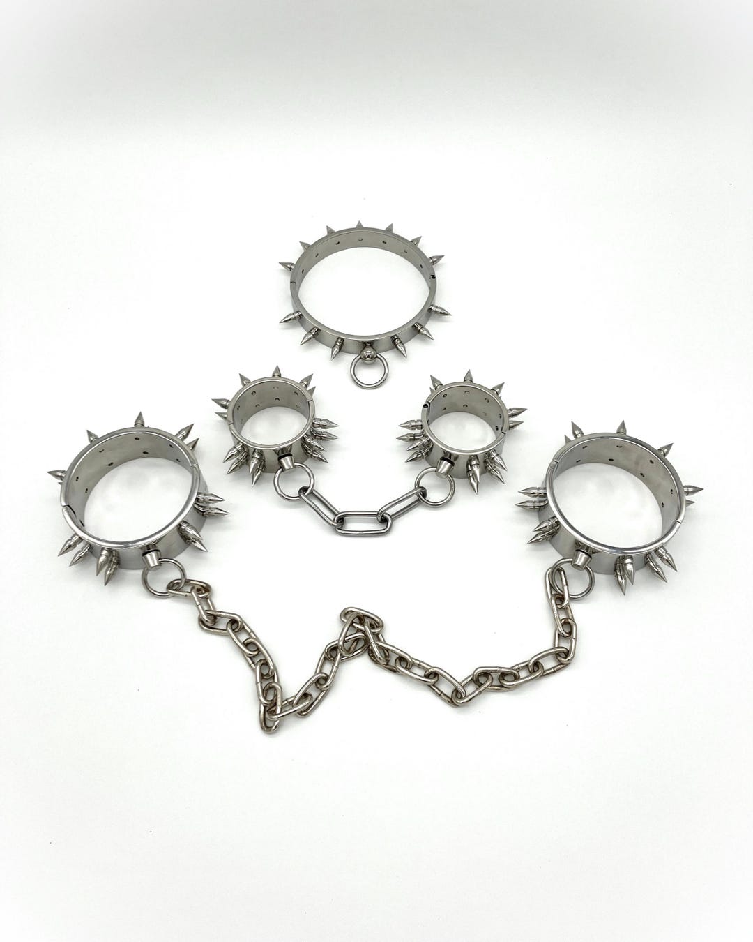 Set of Stainless Steel Spiked Handcuffs, Ankle Cuffs and Collar, Heavy ...