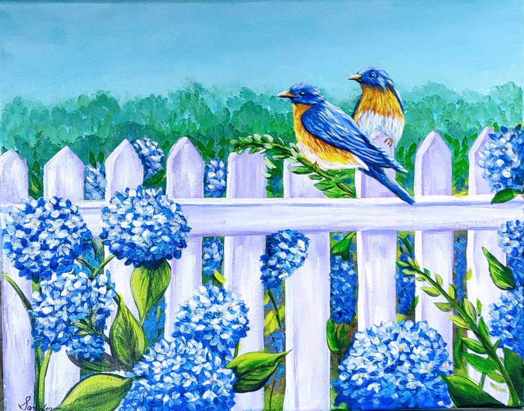 Bluebird and Hydrangea Acrylic Painting: Original Landscape Art (16x20 ...