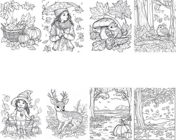 50 Autumn Coloring Pages, Kids Coloring Sheets, Grayscale Coloring Page ...