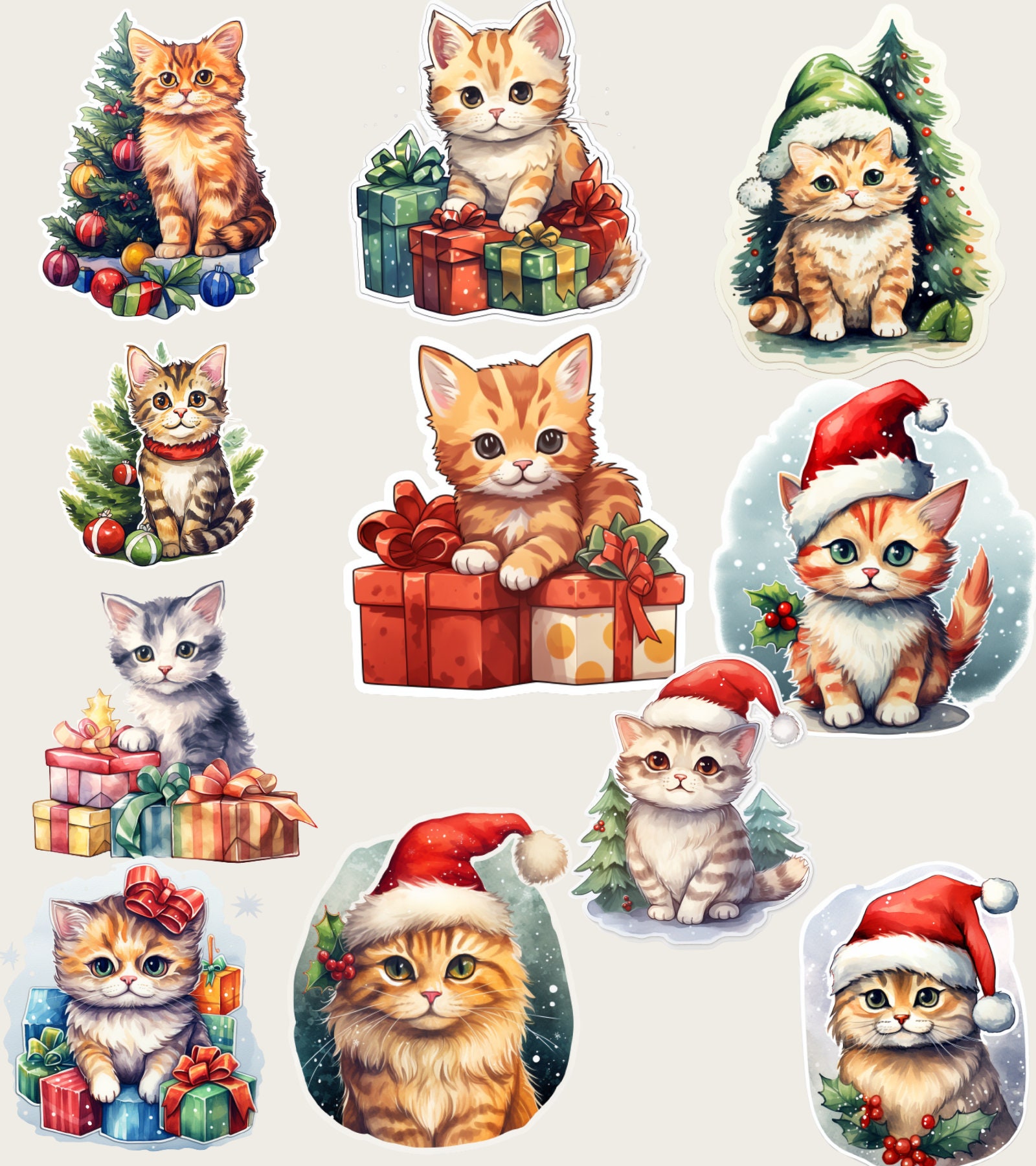 Christmas Cat Stickers, Christmas Kitten Fussy Cuts for Your Holiday ...