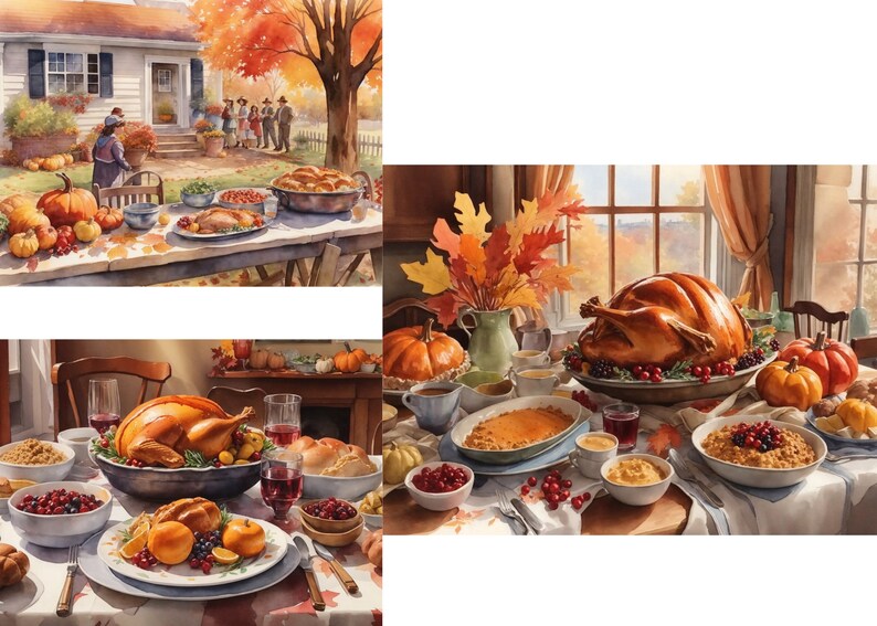 Watercolor Thanksgiving Scenes, Printable Thanksgiving Scenes, Junk ...