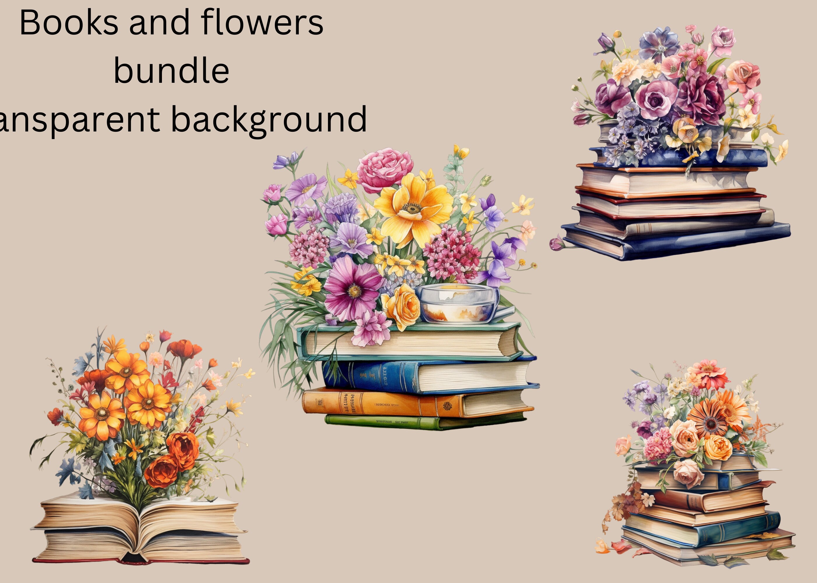 Books and Flowers Bundle L Transparent Background, Book Lover, Creative ...