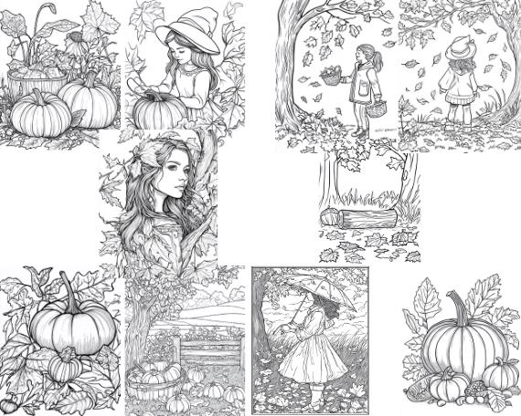 50 Autumn Coloring Pages, Kids Coloring Sheets, Grayscale Coloring Page ...