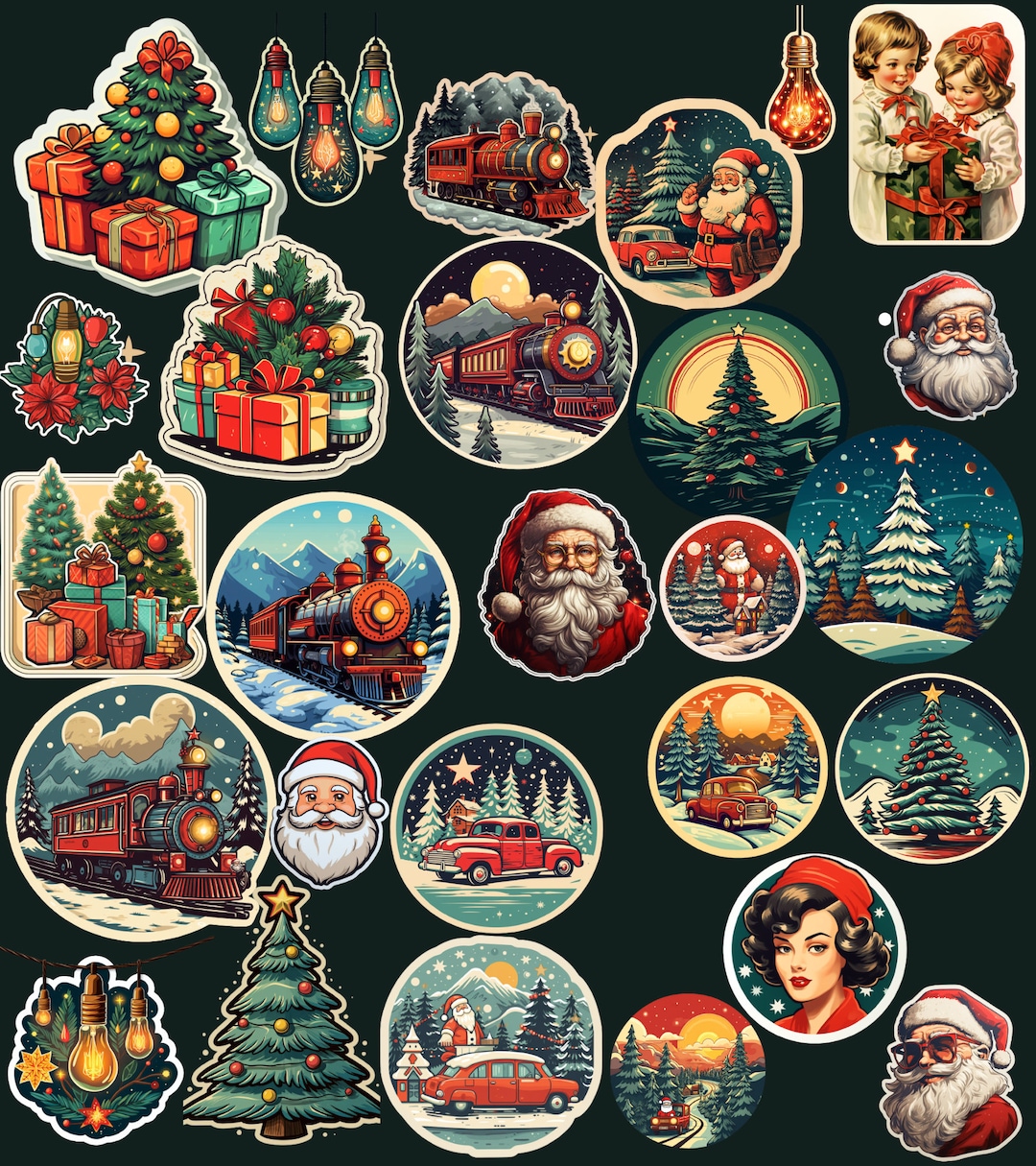 Vintage Christmas Stickers Bundle, Transparent Background, Retro ...