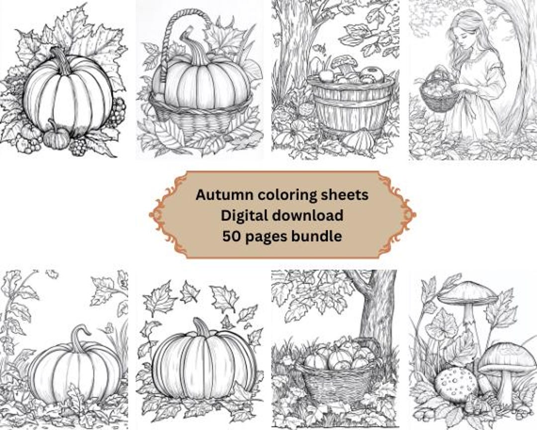 50 Autumn Coloring Pages, Kids Coloring Sheets, Grayscale Coloring Page ...