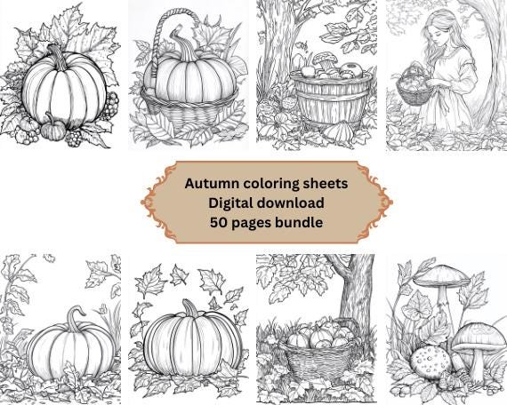 50 Autumn Coloring Pages, Kids Coloring Sheets, Grayscale Coloring Page ...