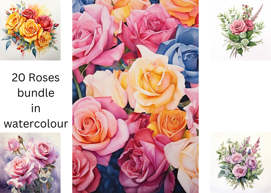 20 Roses Images Bundle in Watercolor , Floral Clipart, Wedding Clipart ...