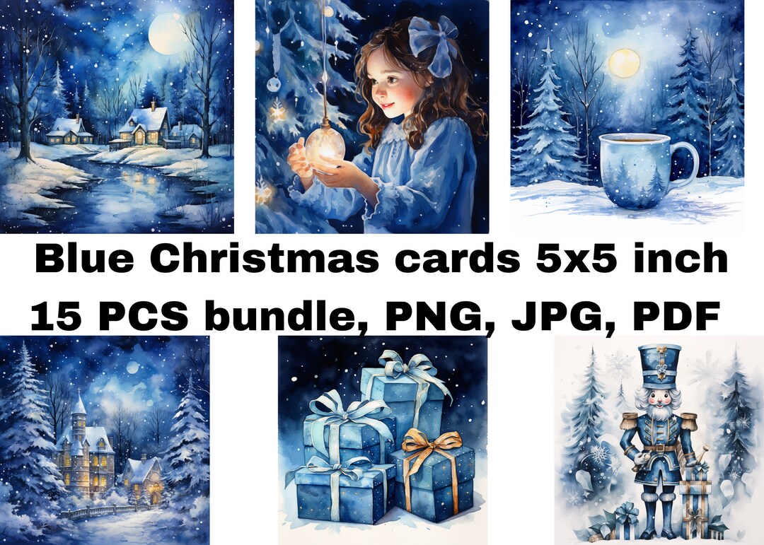 Blue Christmas Cards|15 PCS Bundle|5x5 Inches| PDF, Jpg, Png Format ...