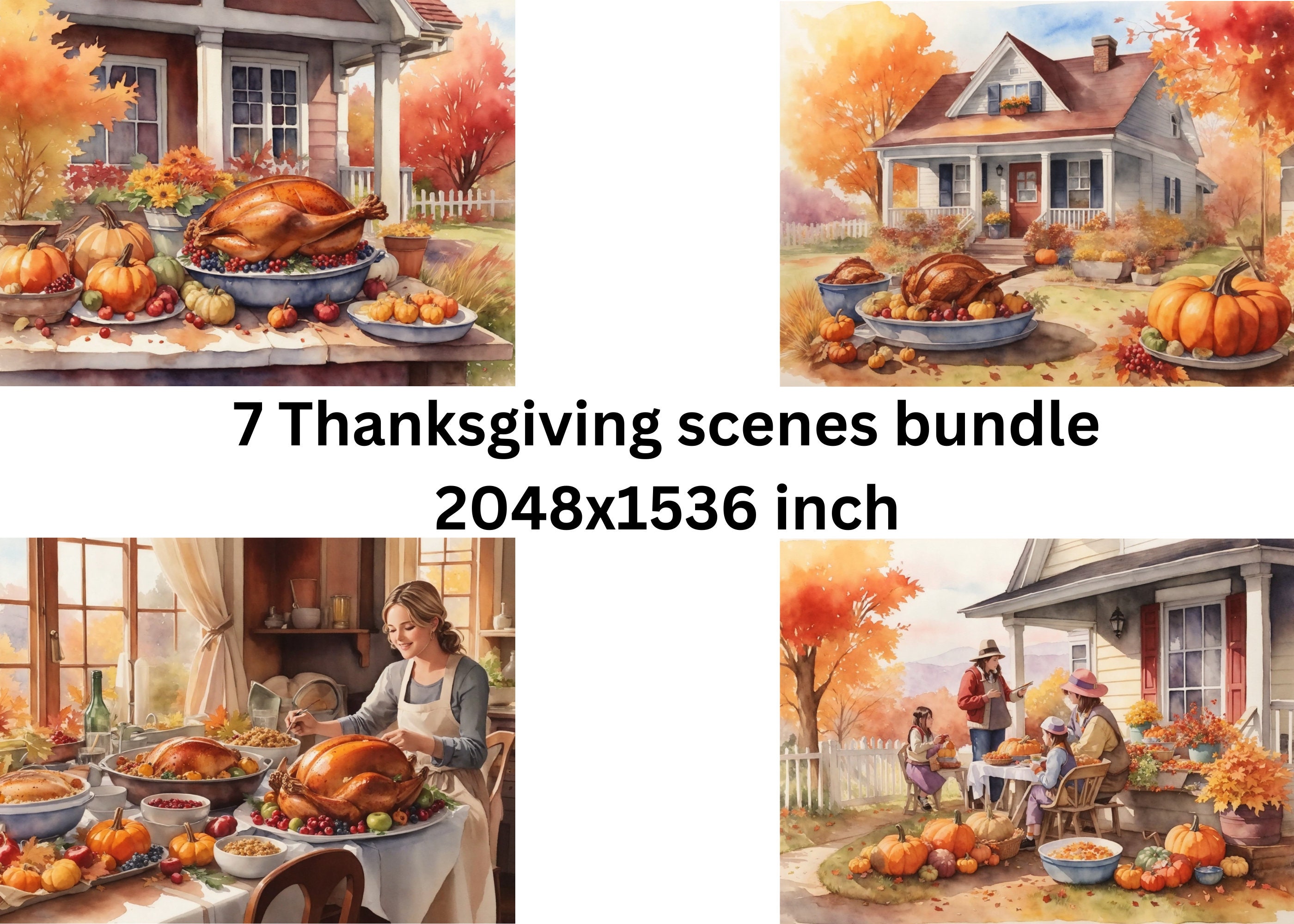 Watercolor Thanksgiving Scenes, Printable Thanksgiving Scenes, Junk ...