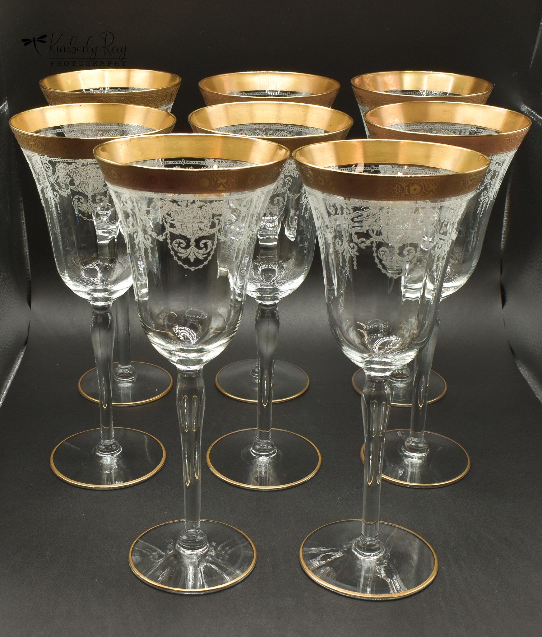 Set of 8 STUNNING Tiffin-franciscan RAMBLER ROSE Water Wine Goblets W/gold Edges Etched Urns ...