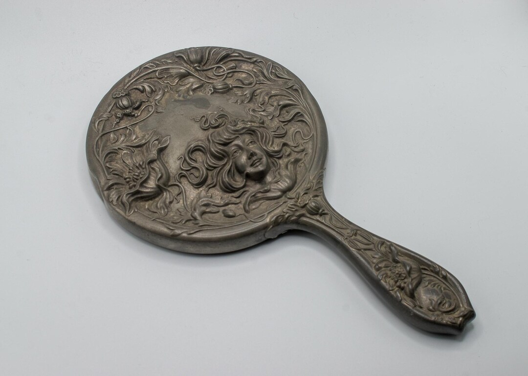 C. 1910 Ornate Art Nouveau Repousse Hand Mirror Woman's Face Flowing ...