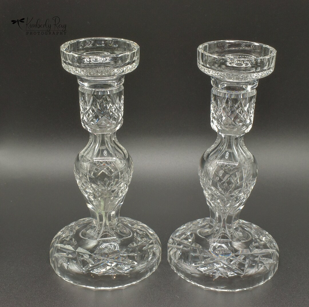 Pair WATERFORD BETHANY Irish Crystal Single Light 7-1/2" CANDLESTICKS ...
