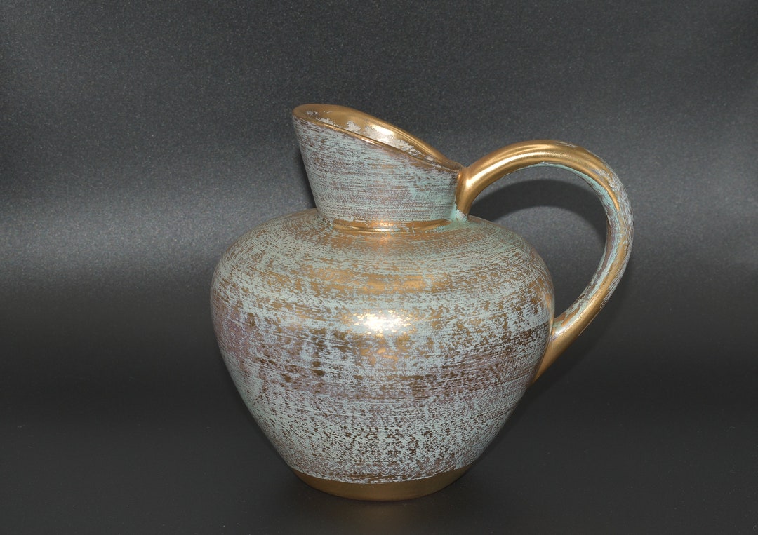 Vintage STANGL Pottery #4059 Antique Gold Pitcher With Light Aqua or ...