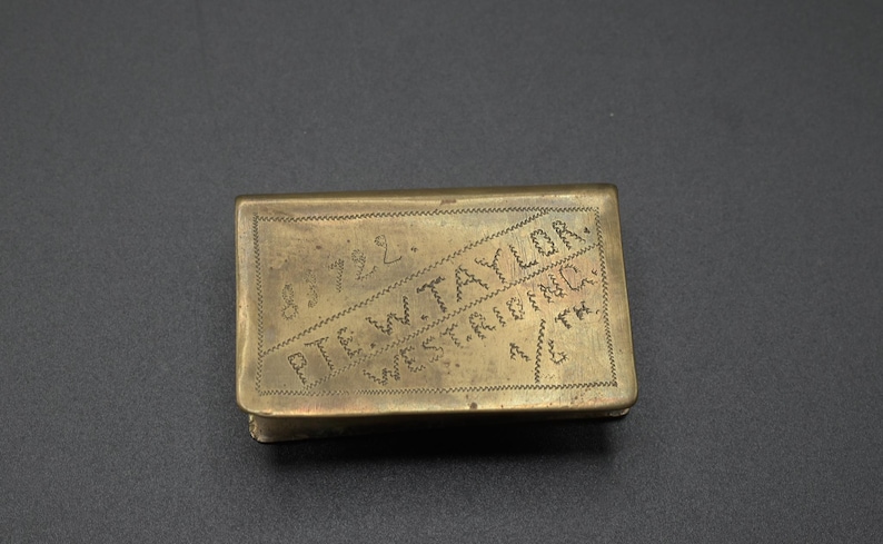 WWI Trench Art AMIENS France 1914 Brass Matchbox Holder Souvenir Pvt. W ...