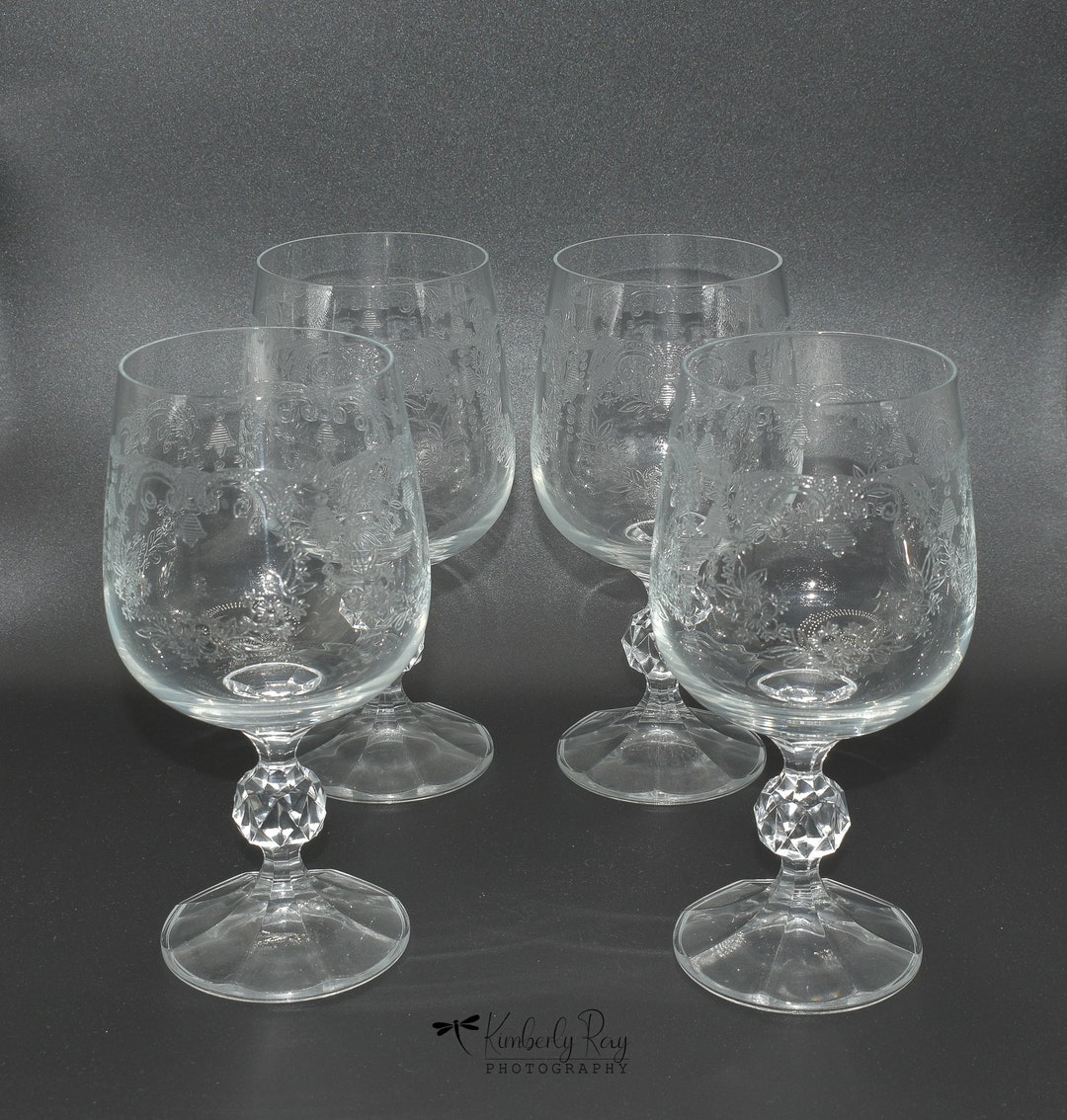 SET of 4 CASCADE Etched Pressed Water Wine Goblets by Import Associates ...