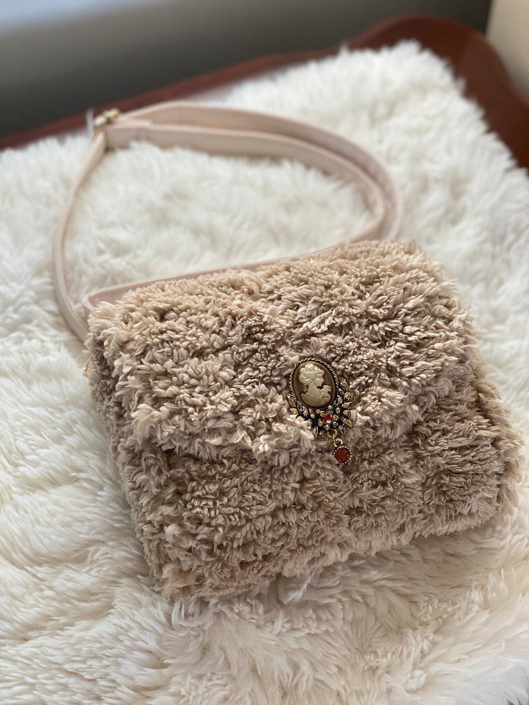 Fluffy Mini Handmade Bag Furry Beige Crossbody Tote Small Fuzzy ...