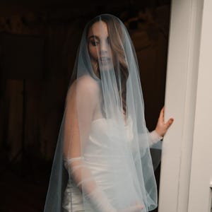 Light Blue Wedding Veil Blusher Blue Veil Dusty Blue Veil Long Two Tier ...