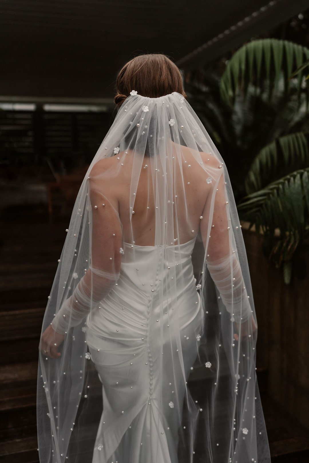 Veil Flower Pearls Long Pearl Veil 3D Flowers & 3D Lace Unique Bridal ...