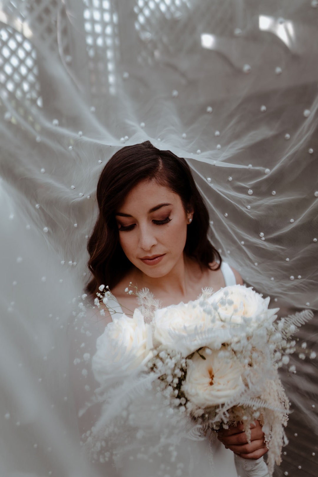 Blusher Pearl Wedding Veil Double Layered Pearl Veil Extra Wide Pearl ...