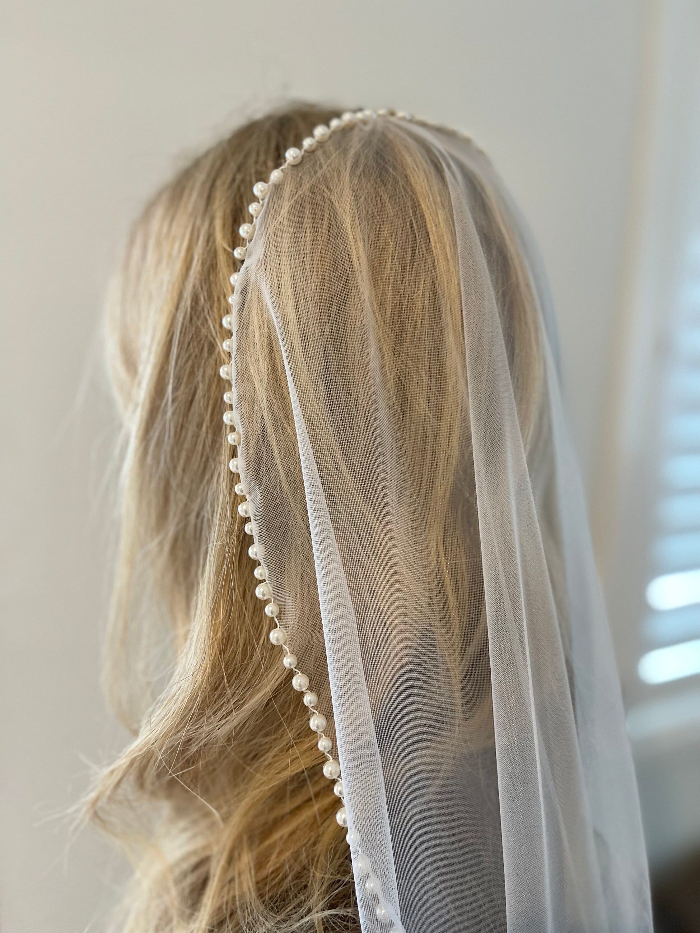 Pearl Mantilla Wedding Veil Pearl Edge Bridal Crown Pearl Veil Headband ...