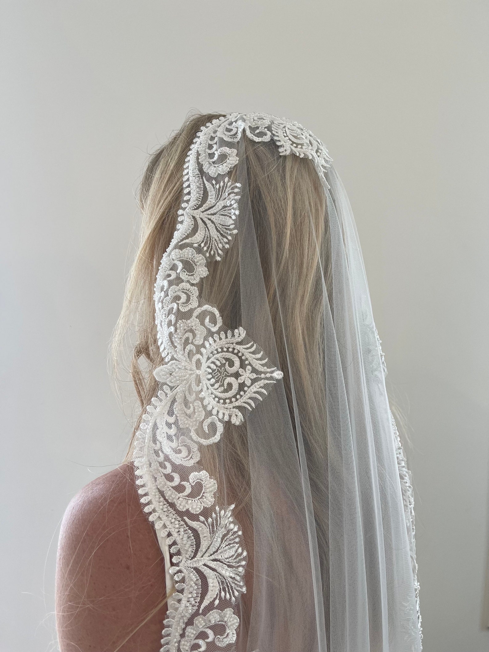 Beaded Lace Veil Antique Beaded Lace Trim Veil Mantilla Bridal Veil ...