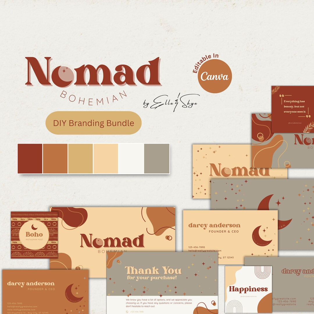 Branding Bundle Nomad Bohemian DIY Canva Retro Boho Logo Templates ...